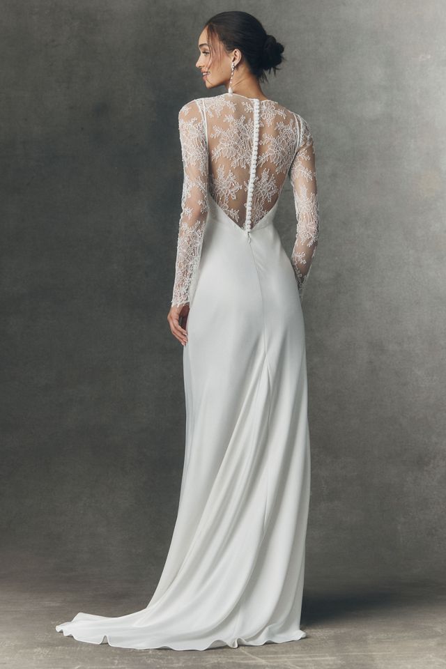 Jenny by Jenny Yoo Iris Long-Sleeve V-Neck Satin Wedding Gown | Anthropologie