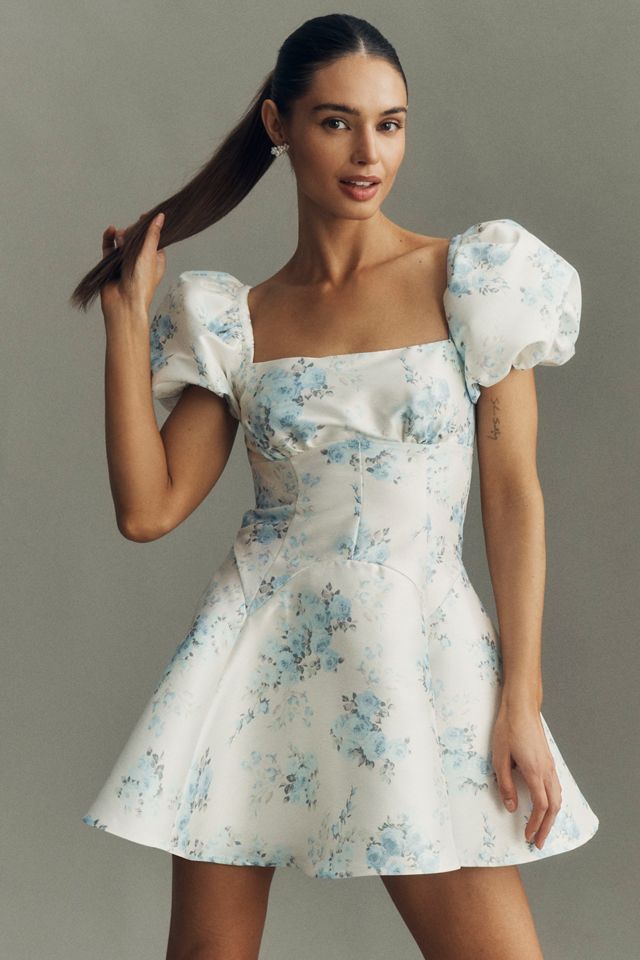 BHLDN Puff-Sleeve Printed Dupioni Fit & Flare Mini Dress | Anthropologie