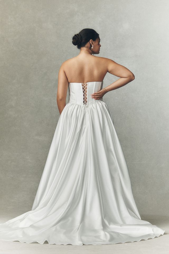 Watters Carina Strapless Plunged Basque-Waist Fit & Flare Satin Wedding ...
