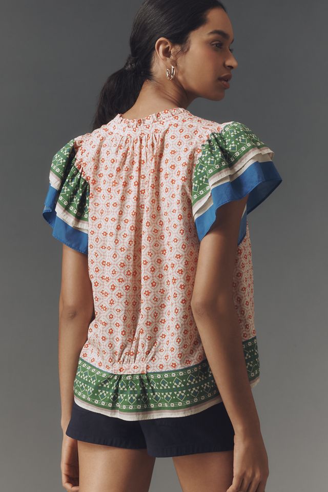 TROVATA Clover Silk Blend Ruffle-Sleeve V-Neck Blouse | Anthropologie