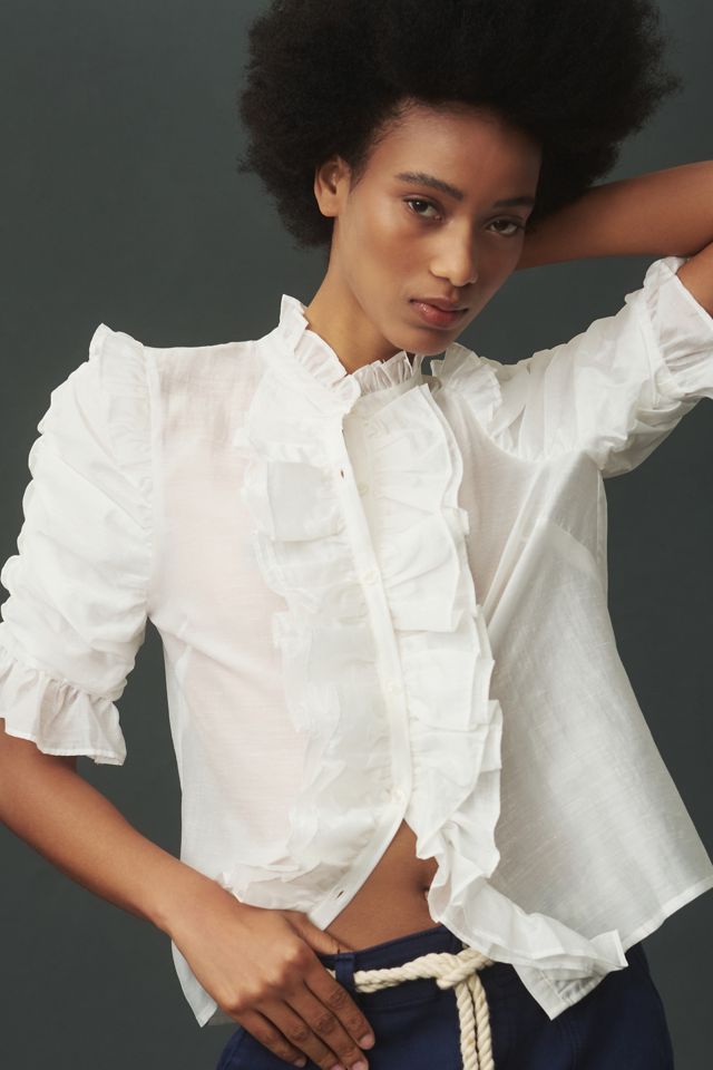 Sunday in Brooklyn Short-Sleeve Ruffle-Front Buttondown Shirt ...
