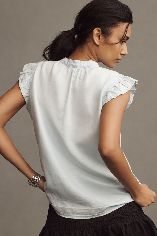 Cloth & Stone Flutter-Sleeve Raw-Edge Linen Tank | Anthropologie