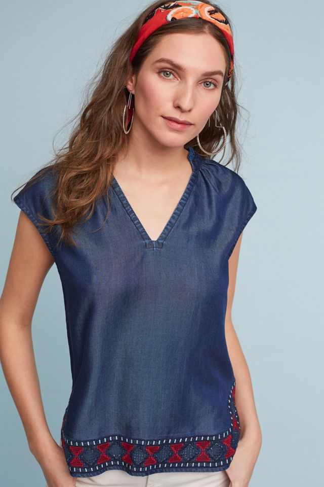 Embroidered Chambray Top | Anthropologie