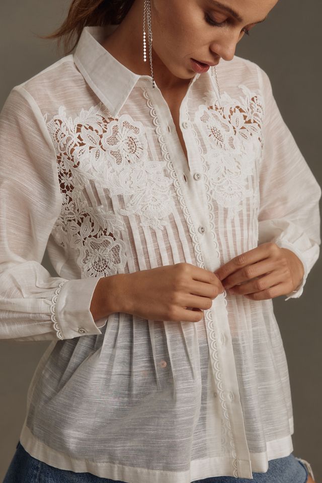 Ranna Gill Long-Sleeve Lace Pintuck Blouse | Anthropologie