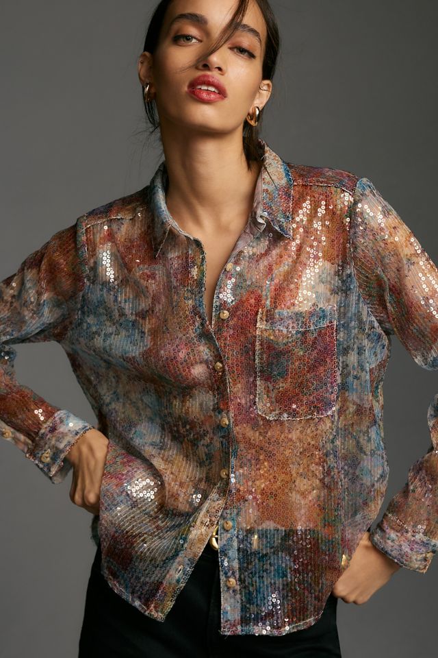 Pilcro Shrunken Sequin Buttondown Shirt | Anthropologie