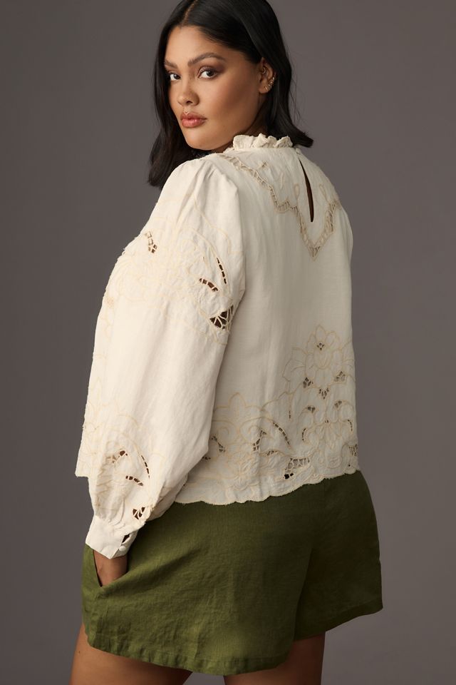 The Lainie Long-Sleeve Lace Cutwork Blouse | Anthropologie