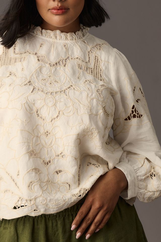 The Lainie Long-Sleeve Lace Cutwork Blouse | Anthropologie