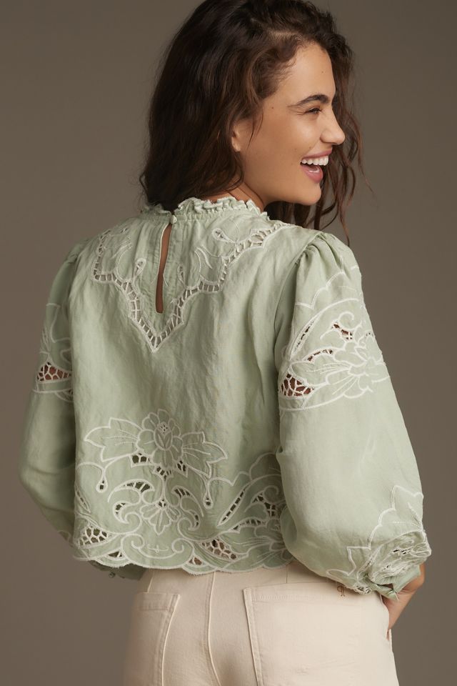 The Lainie Long-Sleeve Lace Cutwork Blouse | Anthropologie
