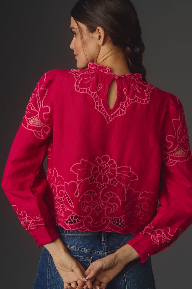 The Lainie Long-Sleeve Lace Cutwork Blouse | Anthropologie