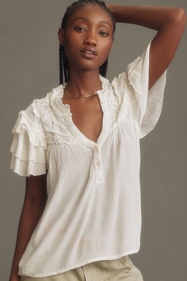 Maeve Short-Sleeve Ruffle Yoke Blouse | Anthropologie