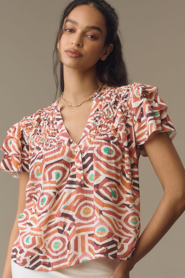 Maeve Short-Sleeve Ruffle Yoke Blouse | Anthropologie