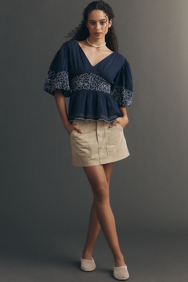 Maeve Embroidered Linen Blend Puff-Sleeve Top | Anthropologie