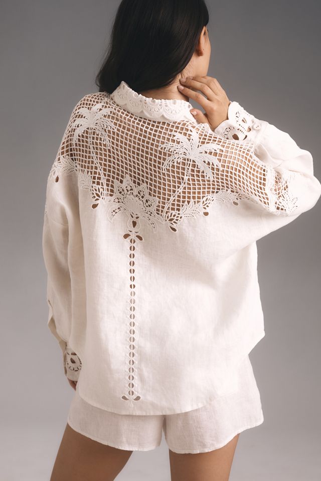 Farm Rio White Palms Richelieu Linen Buttondown Shirt | Anthropologie