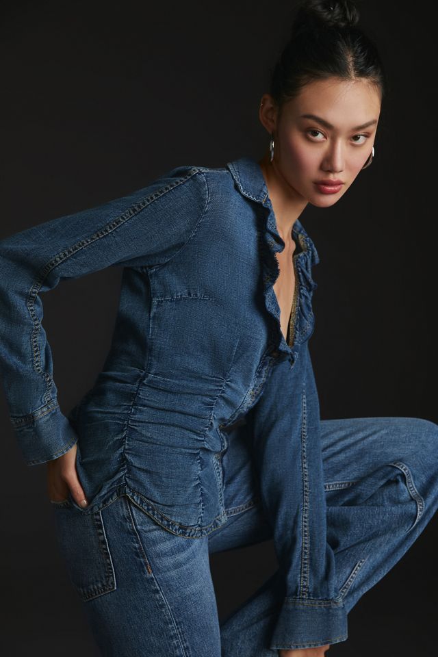 Pilcro Denim Shirred-Waist Ruffle-Neck Blouse | Anthropologie