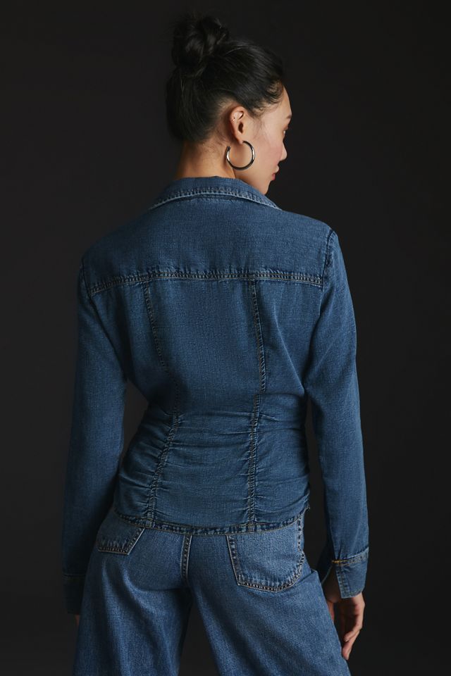 Pilcro Denim Shirred-Waist Ruffle-Neck Blouse | Anthropologie