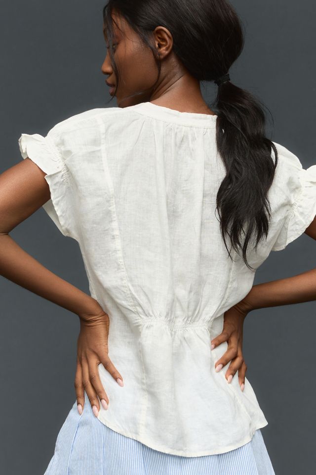 Pilcro Frill-Sleeve Deep-V Linen Blouse | Anthropologie UK