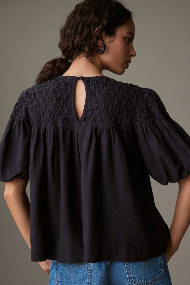 By Anthropologie Puff-Sleeve Smocked Linen Top | Anthropologie