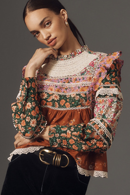 Farm Rio Lace-Bib Ruffle Blouse | Anthropologie