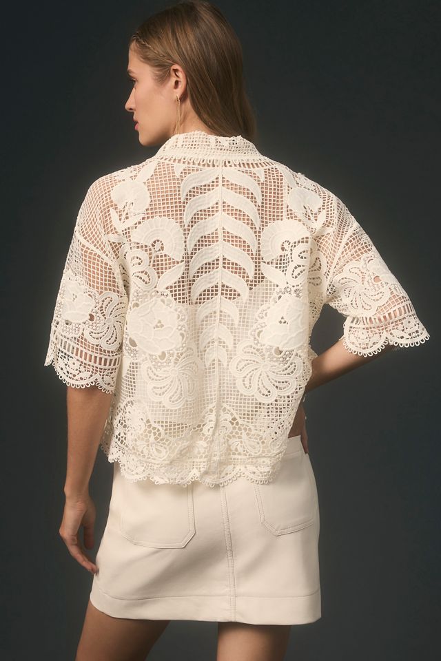 Farm Rio Short-Sleeve Guipure Lace Buttondown Shirt | Anthropologie