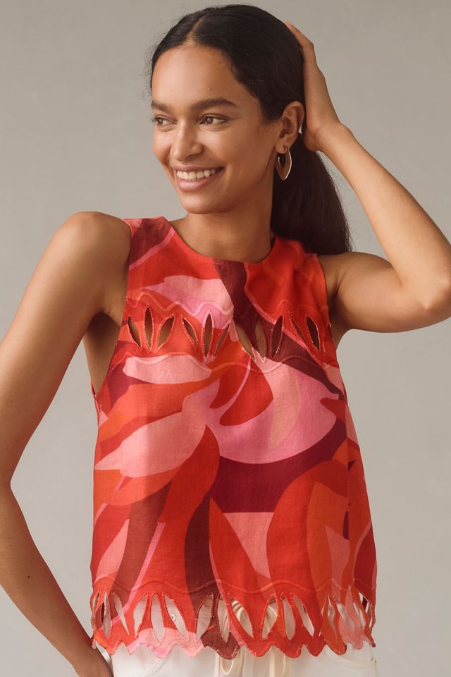 Farm Rio Sleeveless Cutout Linen Shell Top | Anthropologie