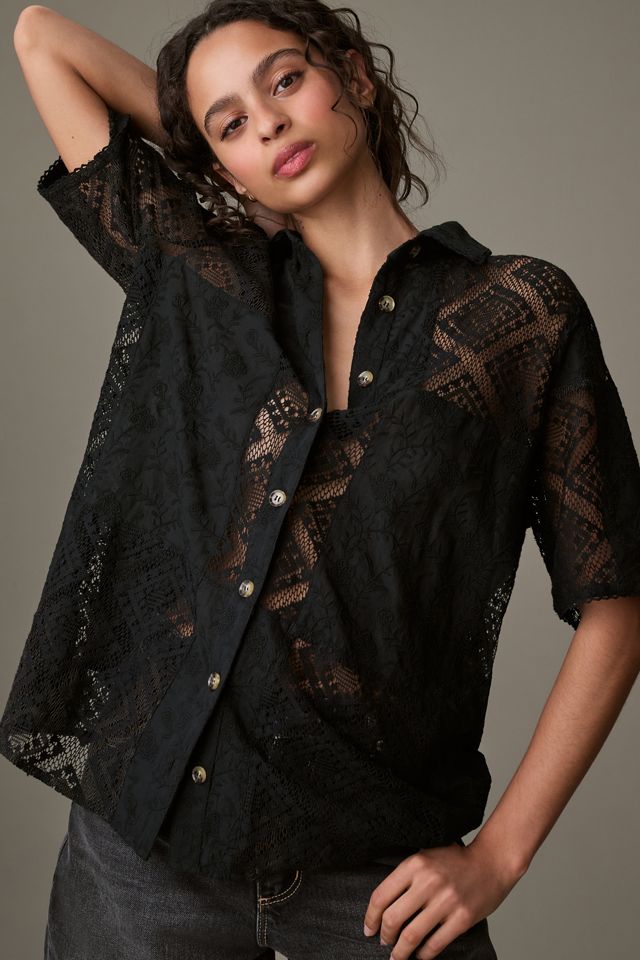 Farm Rio Short-Sleeve Lace Surf Shirt | Anthropologie