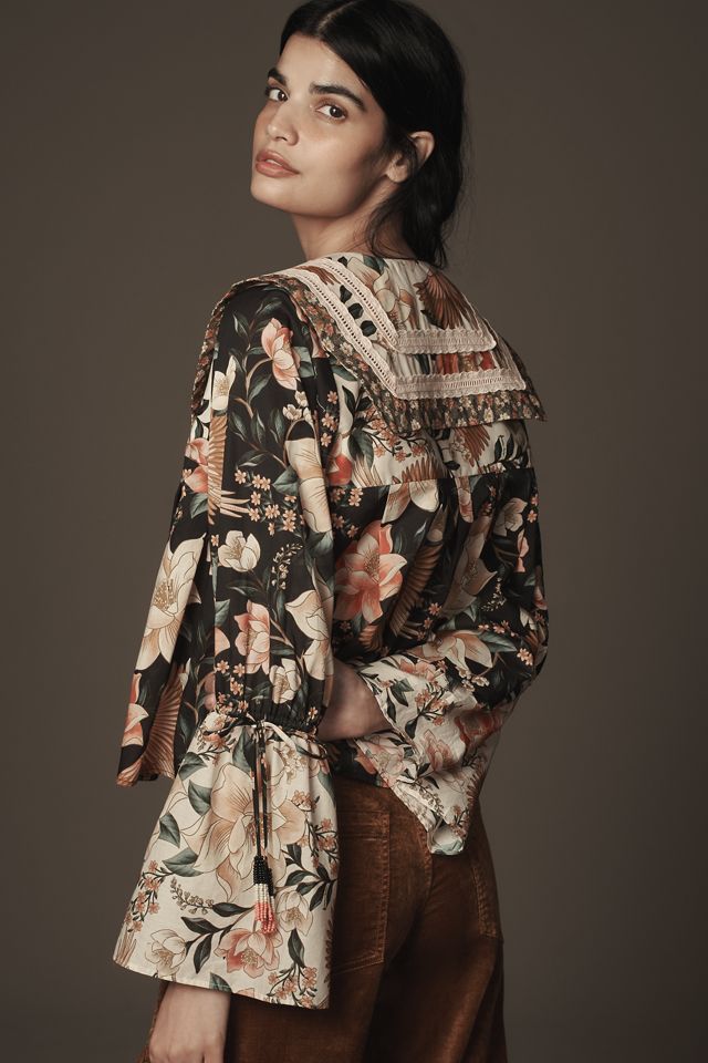 Farm Rio Long-Sleeve Collared Embroidered Blouse | Anthropologie