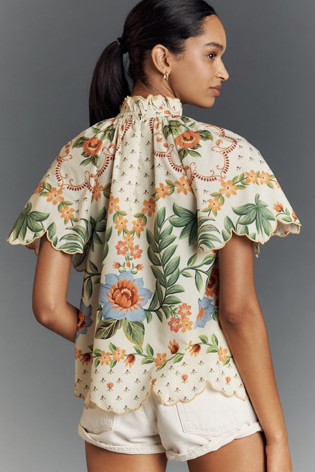 Farm Rio Short-Sleeve High-Neck Printed Blouse | Anthropologie