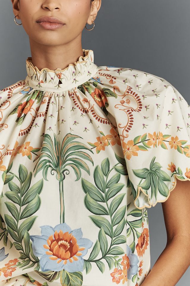 Farm Rio Short-Sleeve High-Neck Printed Blouse | Anthropologie