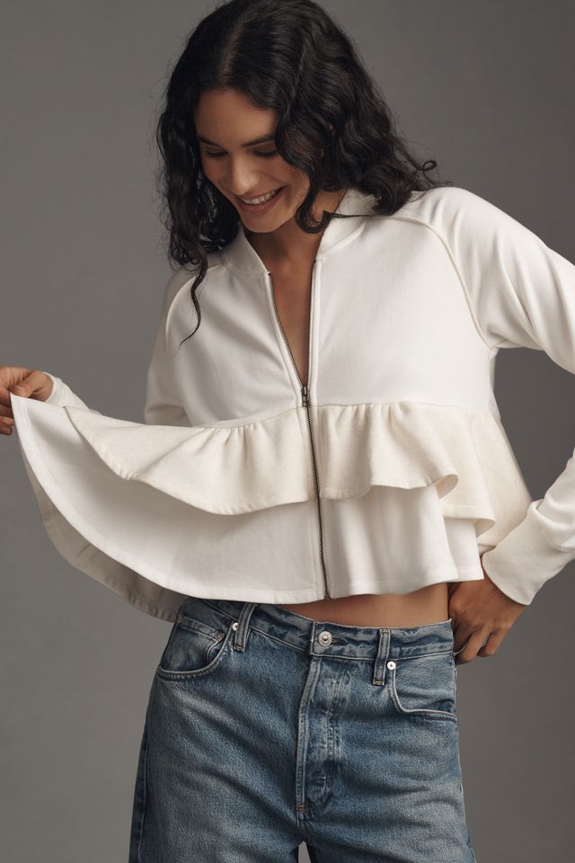 Maeve Tiered Ruffled Zip-Up Babydoll Knit Jacket | Anthropologie