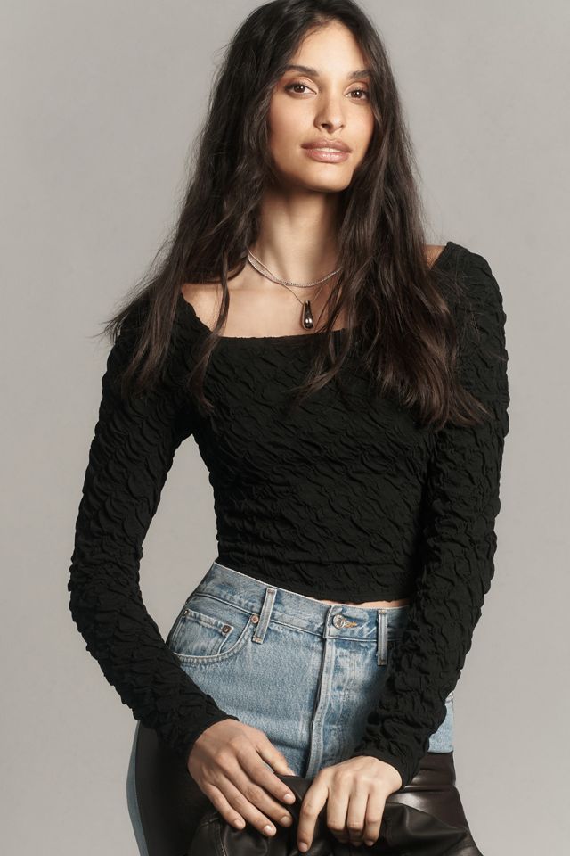 Maeve Long-Sleeve Modern Popcorn Crop Top | Anthropologie
