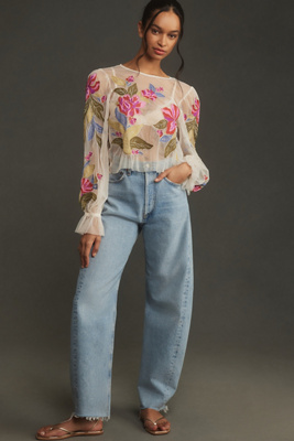 By Anthropologie Long-Sleeve Appliqué Mesh Top | Anthropologie