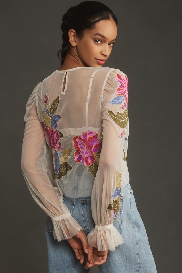 By Anthropologie Long-Sleeve Appliqué Mesh Top | Anthropologie