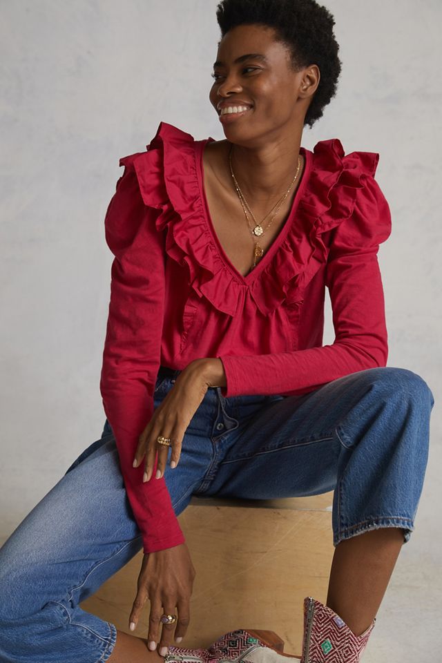 Ruffled V-Neck Top | Anthropologie