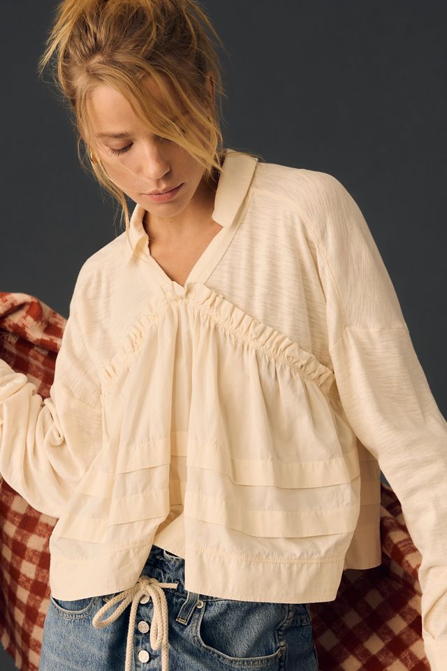 Pilcro Long-Sleeve V-Neck Ruffled Babydoll Top | Anthropologie