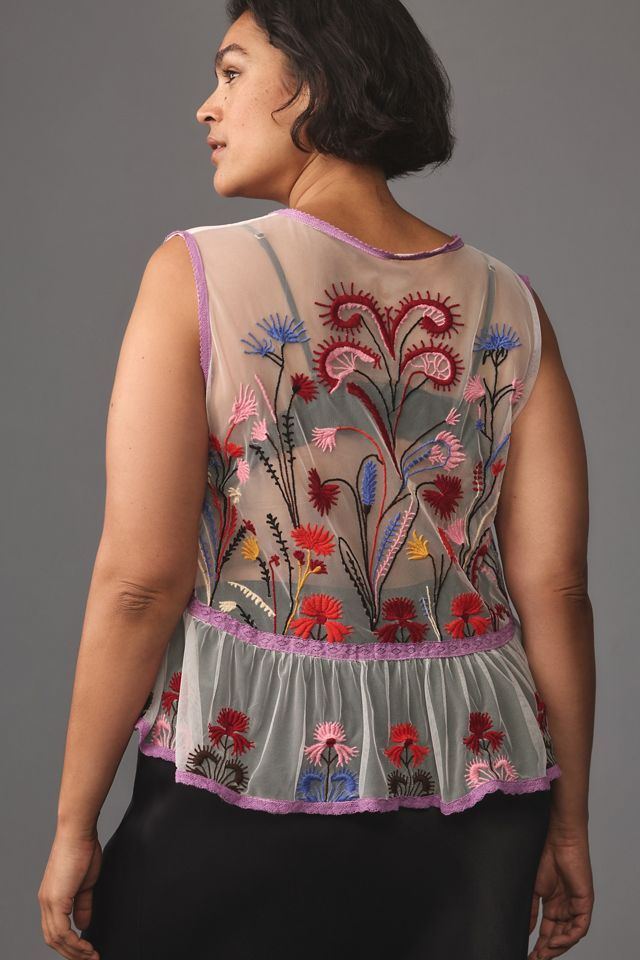 By Anthropologie Floral Embroidered Sheer Mesh Tank Anthropologie
