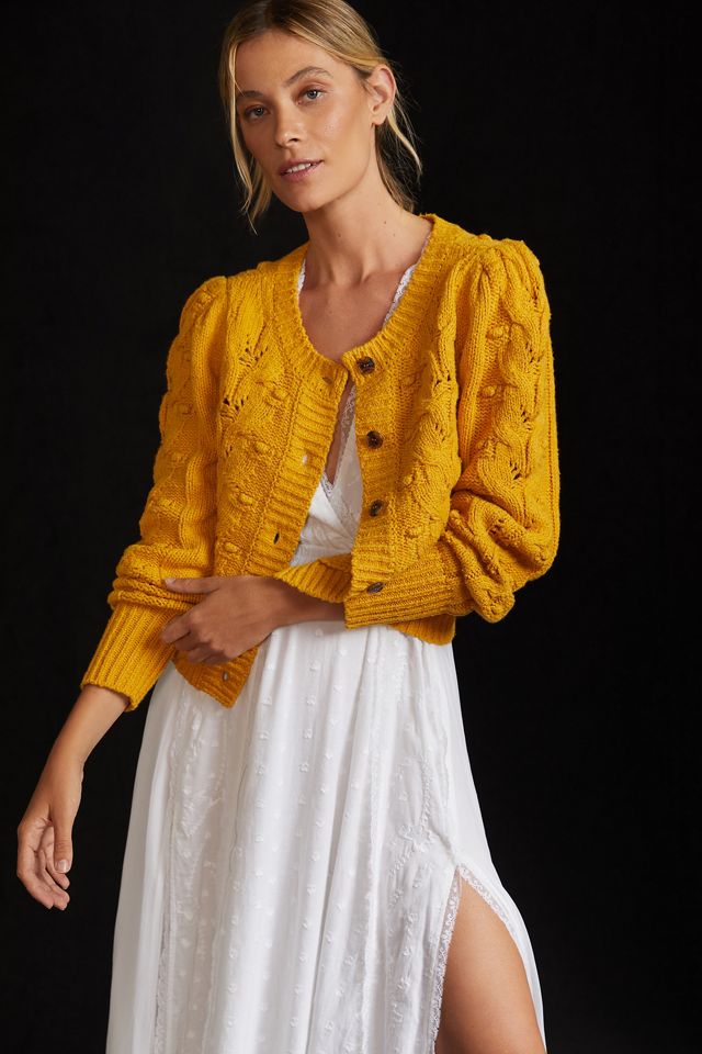 Maeve Cable-Knit Puff-Sleeve Cardigan Sweater | Anthropologie