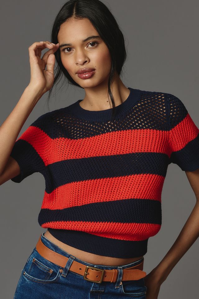 Maeve Short-Sleeve Open-Stitch Mesh Sweater | Anthropologie