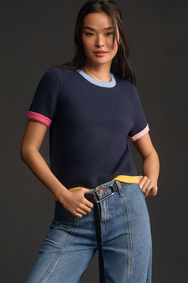English Factory Short-Sleeve Tipped Sweater | Anthropologie