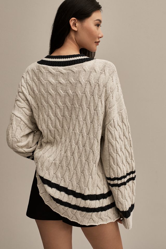 Moon River Striped V-Neck Cable-Knit Sweater | Anthropologie