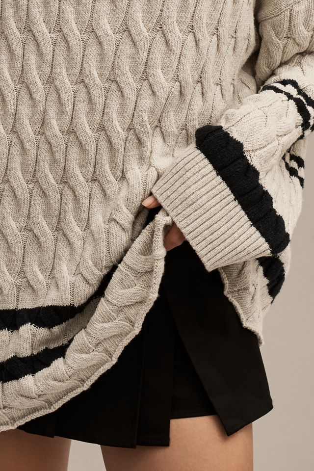 Moon River Striped V-Neck Cable-Knit Sweater | Anthropologie