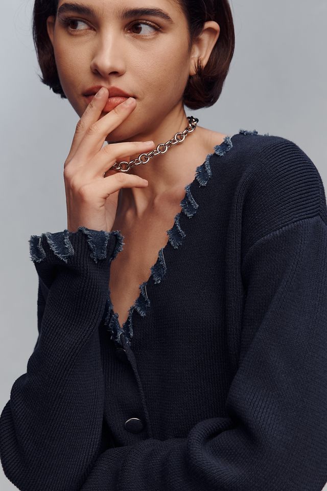 NVLT Denim-Trim V-Neck Cardigan Sweater | Anthropologie