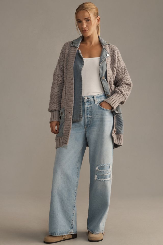 Another Mode Denim Patchwork Twofer Cardigan Sweater | Anthropologie