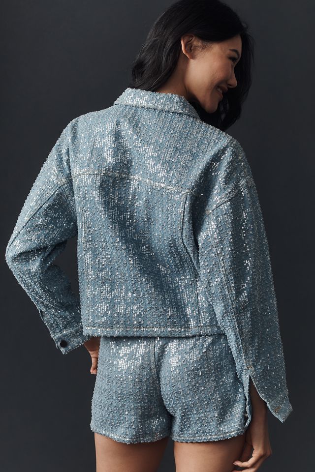 Flat White Sequin Houndstooth Denim Jacket | Anthropologie