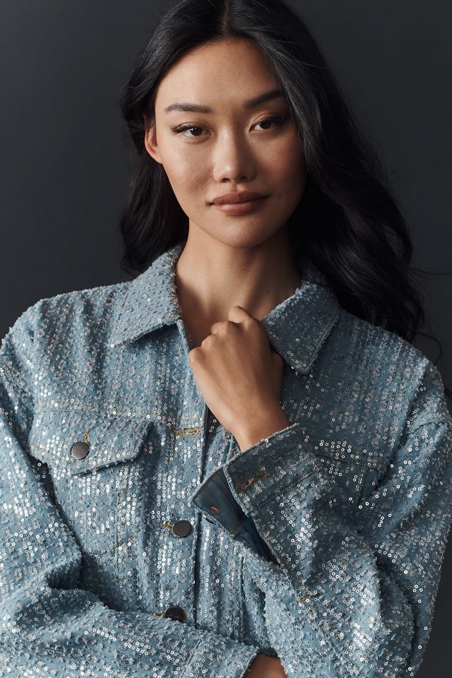 Flat White Sequin Houndstooth Denim Jacket | Anthropologie