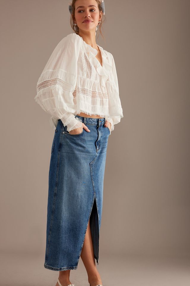 High Waisted Front Slit Denim Midi Skirt Anthropologie Uk