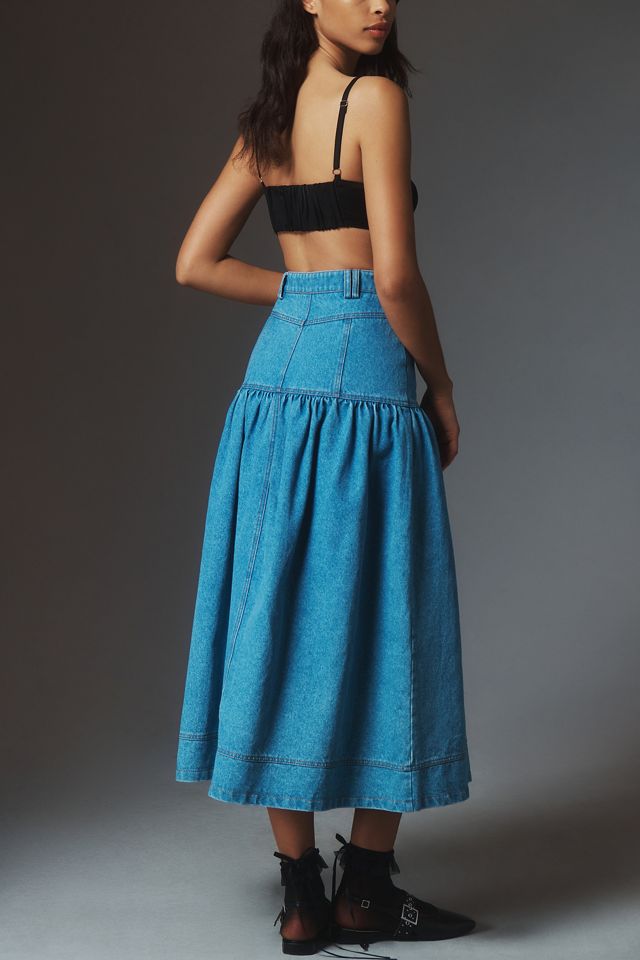 Moon River Basque-Waist Denim Midi Skirt | Anthropologie