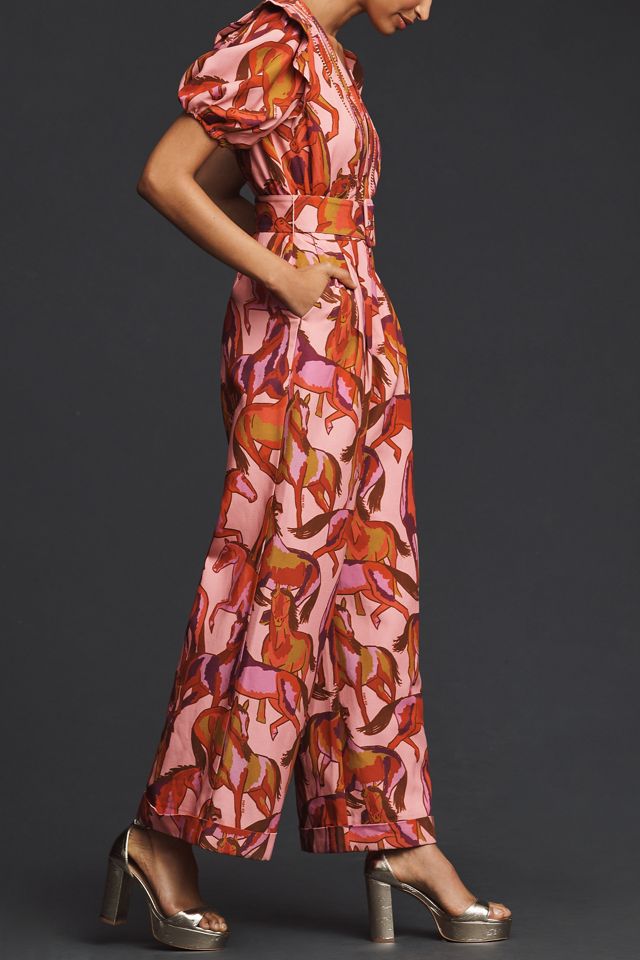 Farm Rio Wild Horses Short-Sleeve Pleated Jumpsuit | Anthropologie