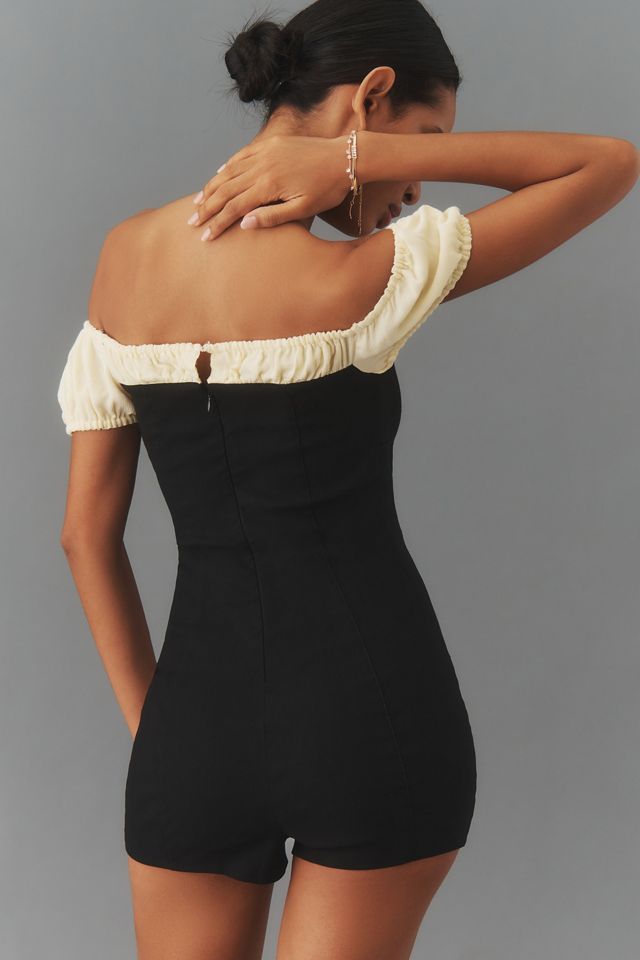 Maeve Off-The-Shoulder Shirred Linen Micro Romper | Anthropologie