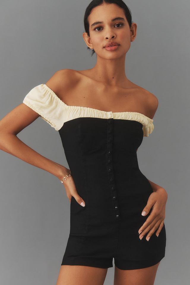 Maeve Off-The-Shoulder Shirred Linen Micro Romper | Anthropologie