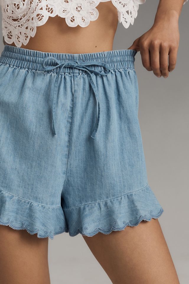 Pilcro Embroidered Ruffle Chambray Shorts | Anthropologie